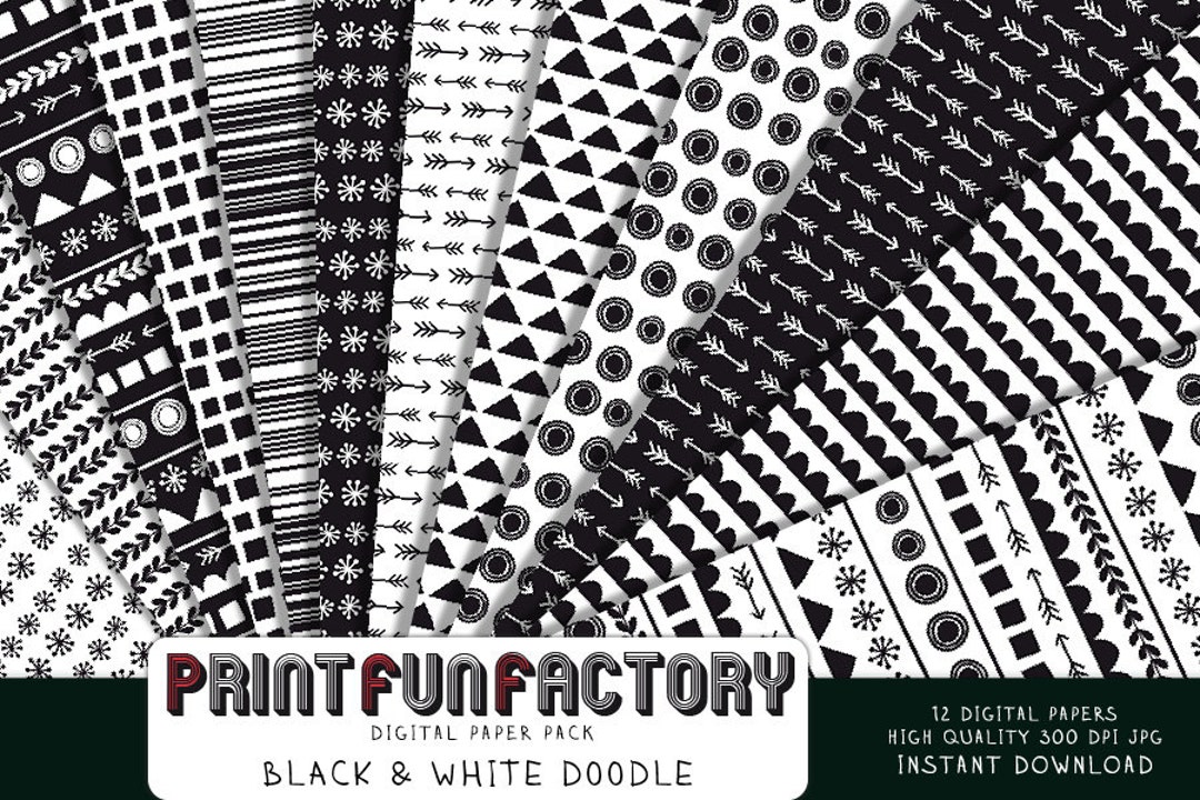 Black and White Digital Paper - Scandinavian Black White Doodle ...
