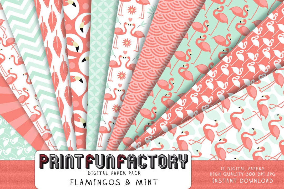 Flamingo Digital Paper - Flamingo Mint & Coral Background Paper - 12 ...