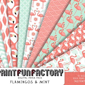 Flamingo Digital Paper - Flamingo Mint & Coral Background Paper - 12 ...