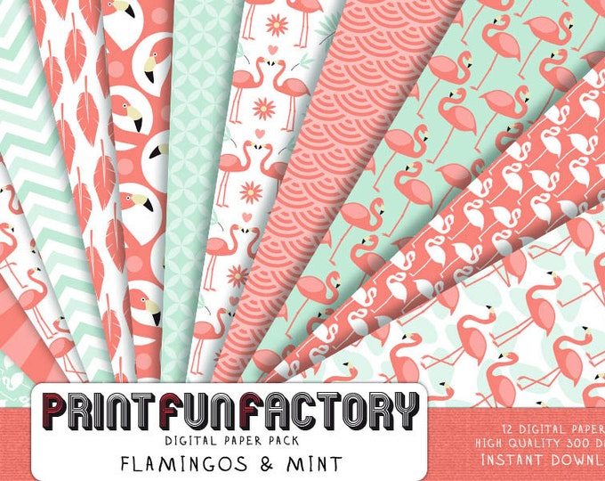 Flamingo Digital Paper: flamingos Birds in Pink, Teal, Coral, Feathers ...