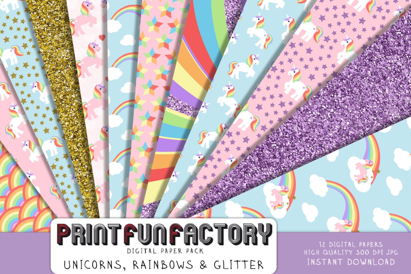 Unicorn Digital Paper - Unicorn Rainbow Glitter Background Paper - 12 ...
