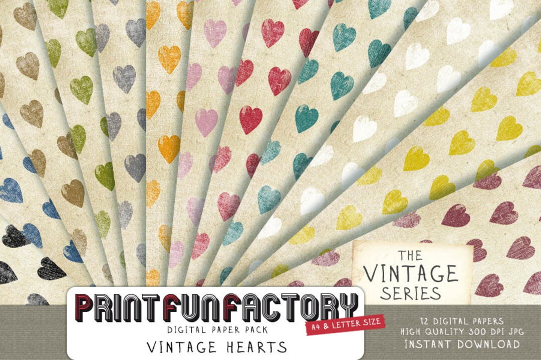 Hearts Digital Paper - Vintage Love Hearts Pattern Distressed Look on ...