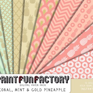 Pineapple Digital Paper Coral Mint Gold Background - Etsy