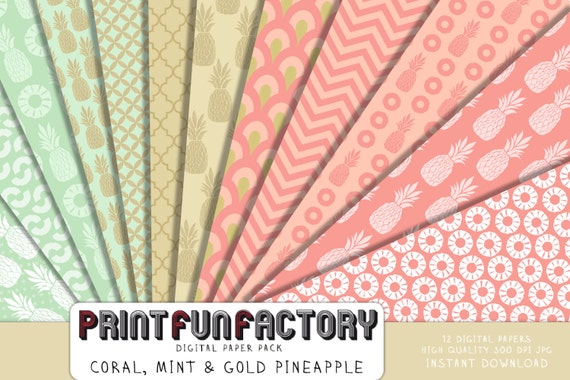 Pineapple digital paper coral mint gold background | Etsy