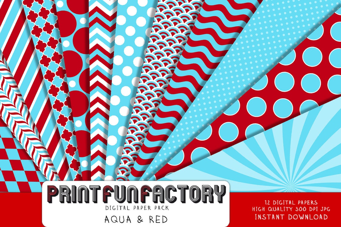 Aqua Blue and Red Digital Paper Blue and Red Patterns - Etsy