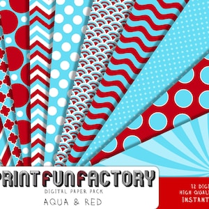 Aqua Blue and Red Digital Paper - Blue and Red Patterns Chevron Swirl ...