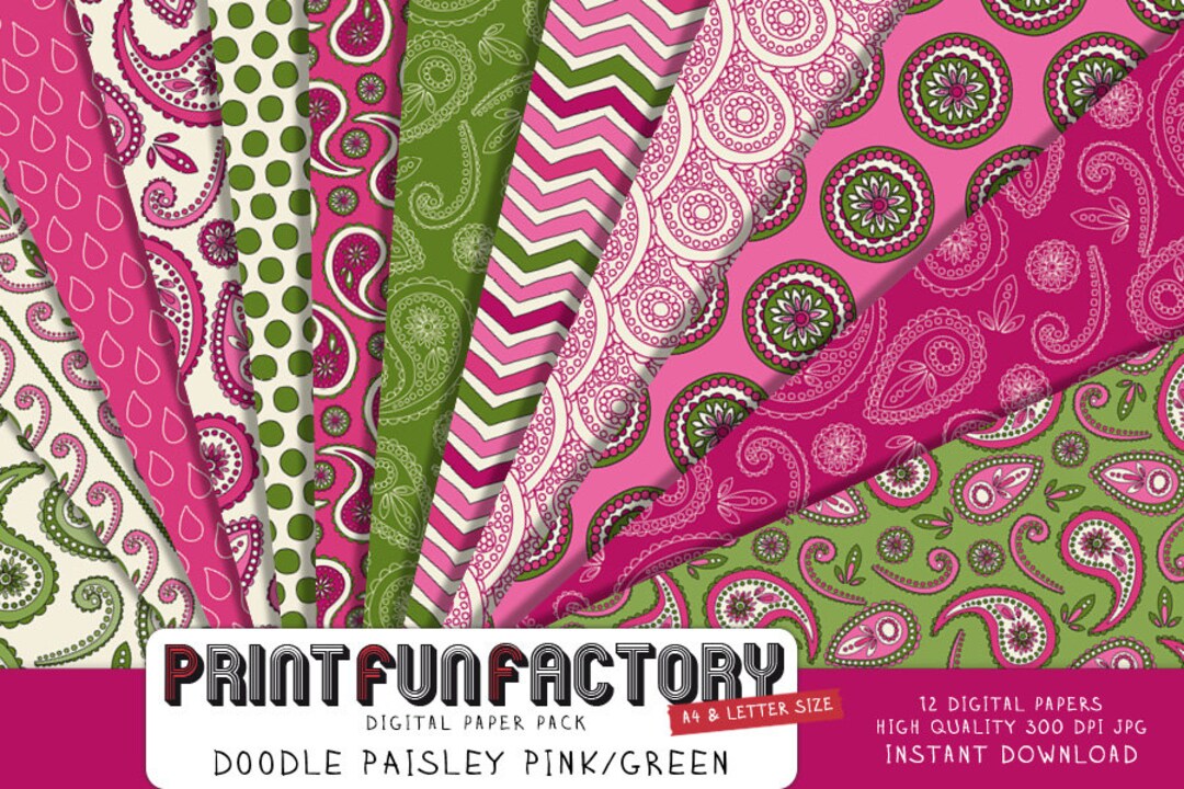 Paisley Digital Paper - Doodle Paisley Pink and Green Background Paper ...