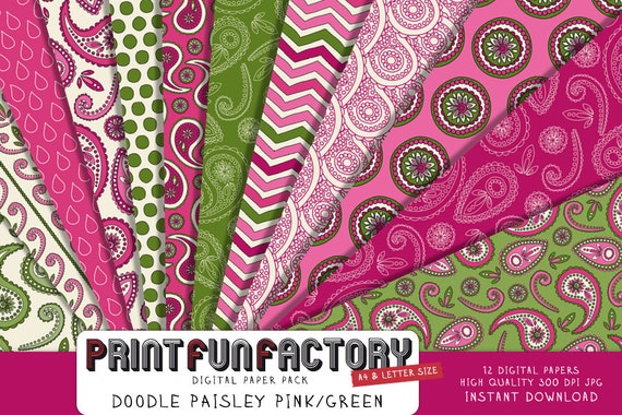 Paisley Digital Paper Doodle Paisley Pink and Green - Etsy