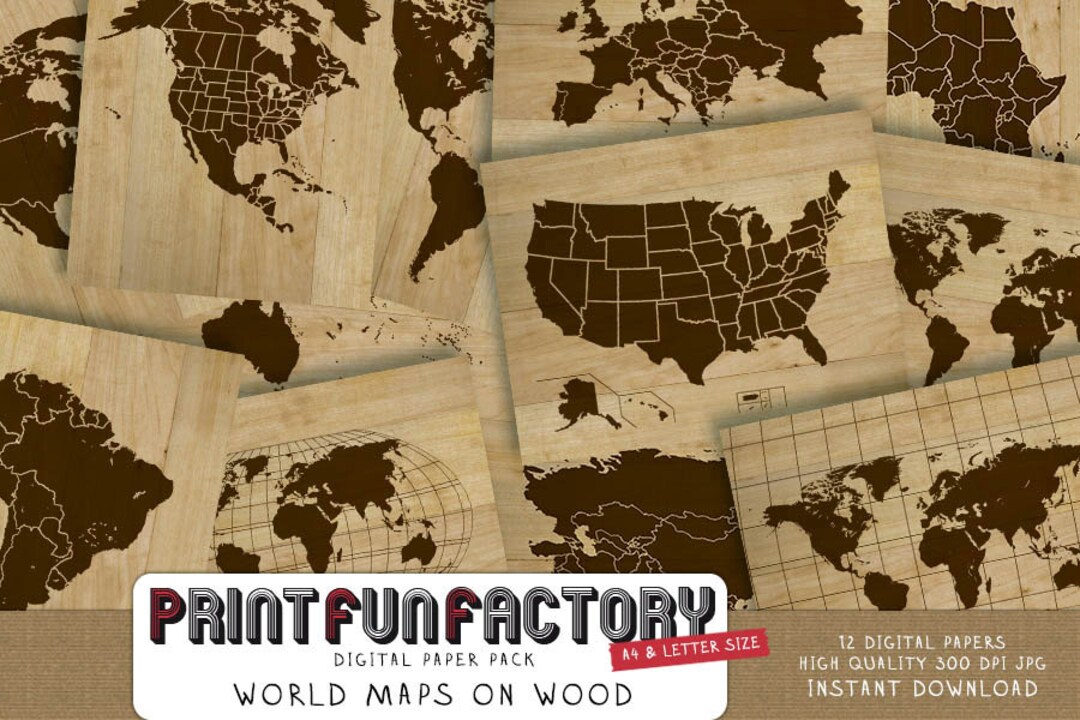 World Maps Digital Paper Maps on Wood Background 12 Digital Papers 114 ...