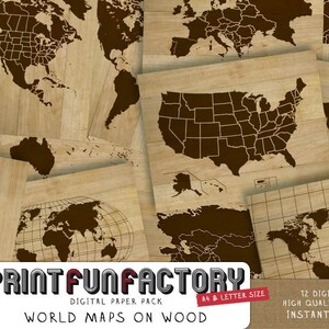 World Maps Digital Paper Maps on Wood Background 12 Digital Papers 114 ...