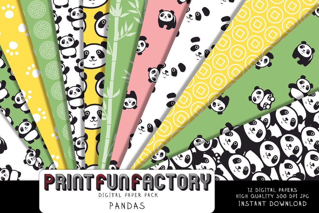 Panda Digital Paper - Panda Black and White, Green, Yellow Background ...