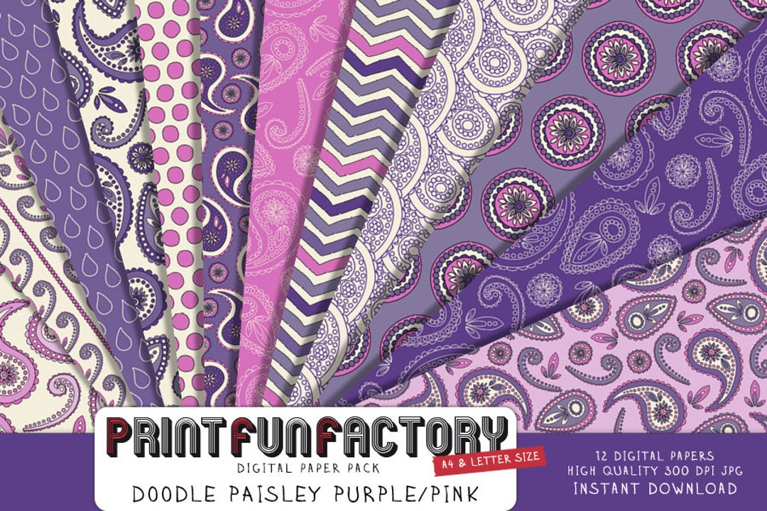 Paisley Digital Paper - Doodle Paisley Purple and Pink Background Paper ...