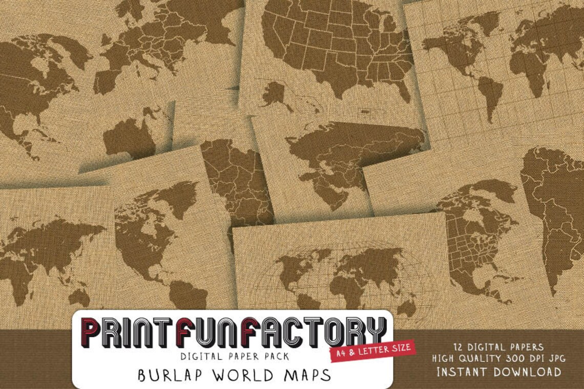 World Maps Digital Paper Maps of the World Burlap - Etsy