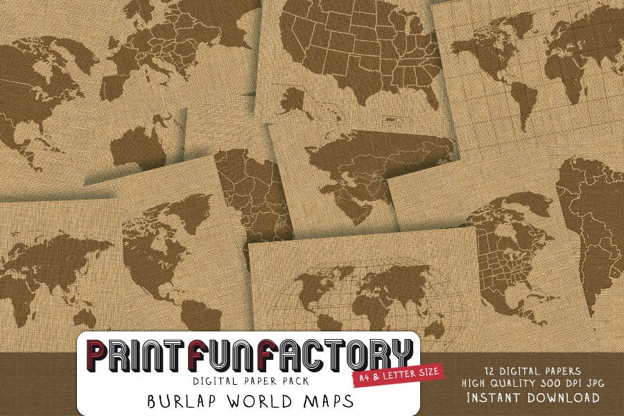 World Maps Digital Paper Maps of the World Burlap - Etsy