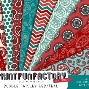 Paisley Digital Paper - Doodle Paisley Red and Teal Background Paper ...