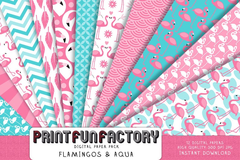 Flamingo Digital Paper - Flamingo Aqua & Pink Background Paper - 12 ...