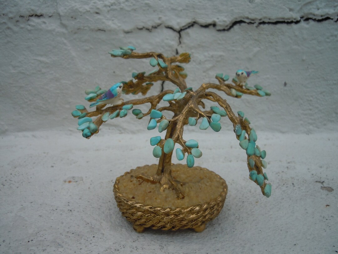 Metal Art Gold Wire Tree Blue Birds Sculpture Tree of Wisdom Prosperity ...