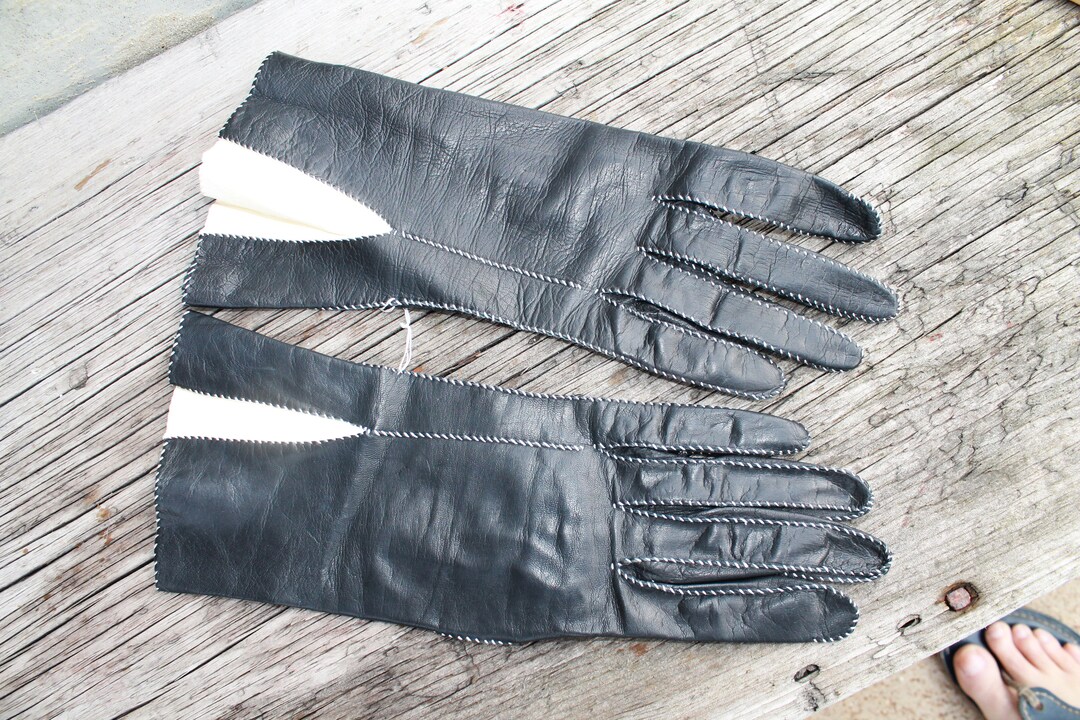 Vintage Soft Leather Gloves Black White Stitched Accent Size 6 1/2 60's ...