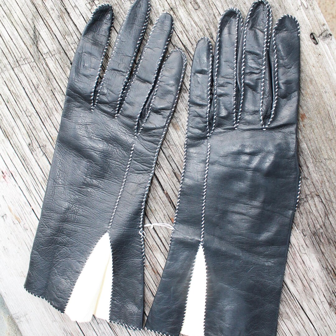 Vintage Soft Leather Gloves Black White Stitched Accent Size 6 1/2 60's ...