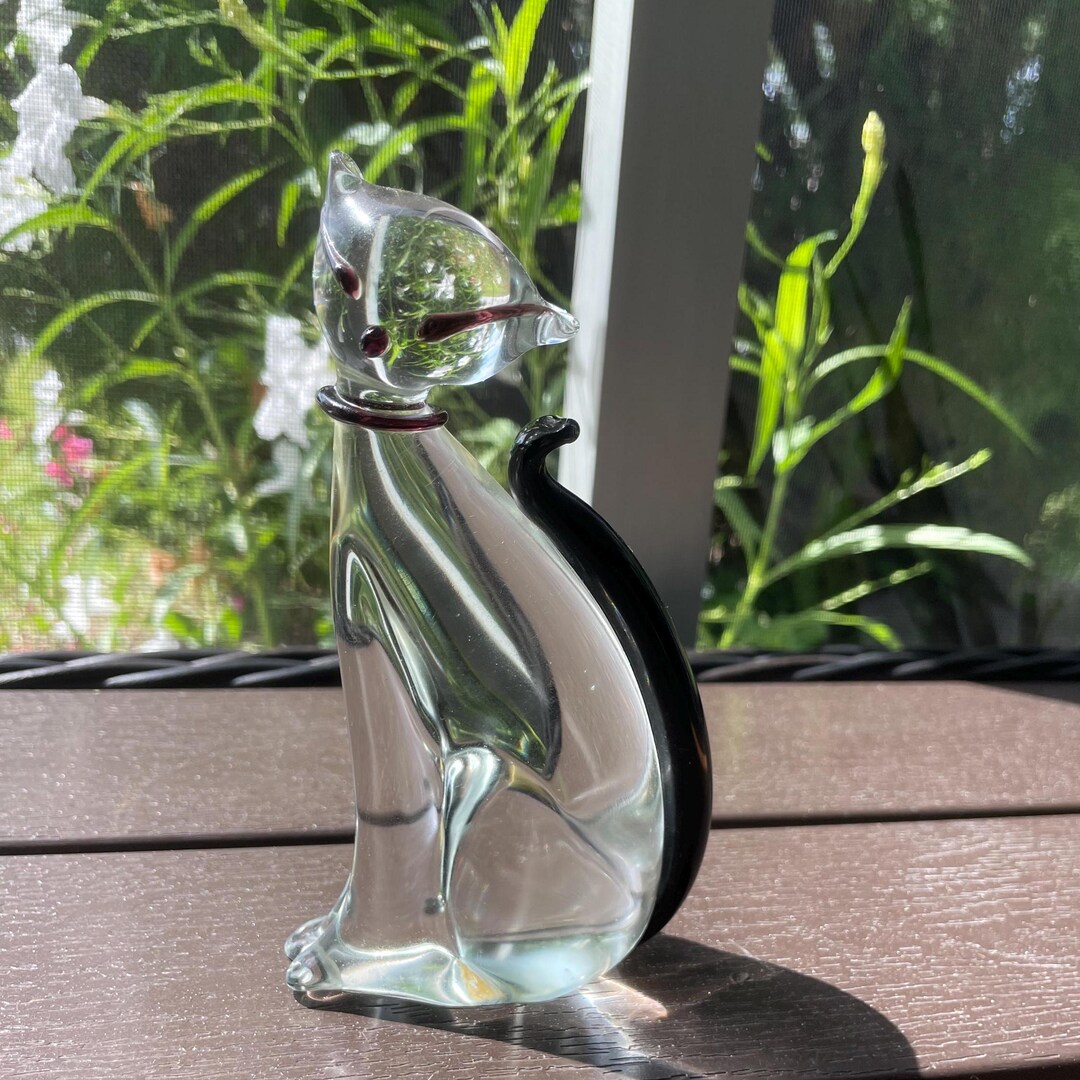 Archimede Seguso Murano Cat Art Glass Clear and Black Italian Glass ...