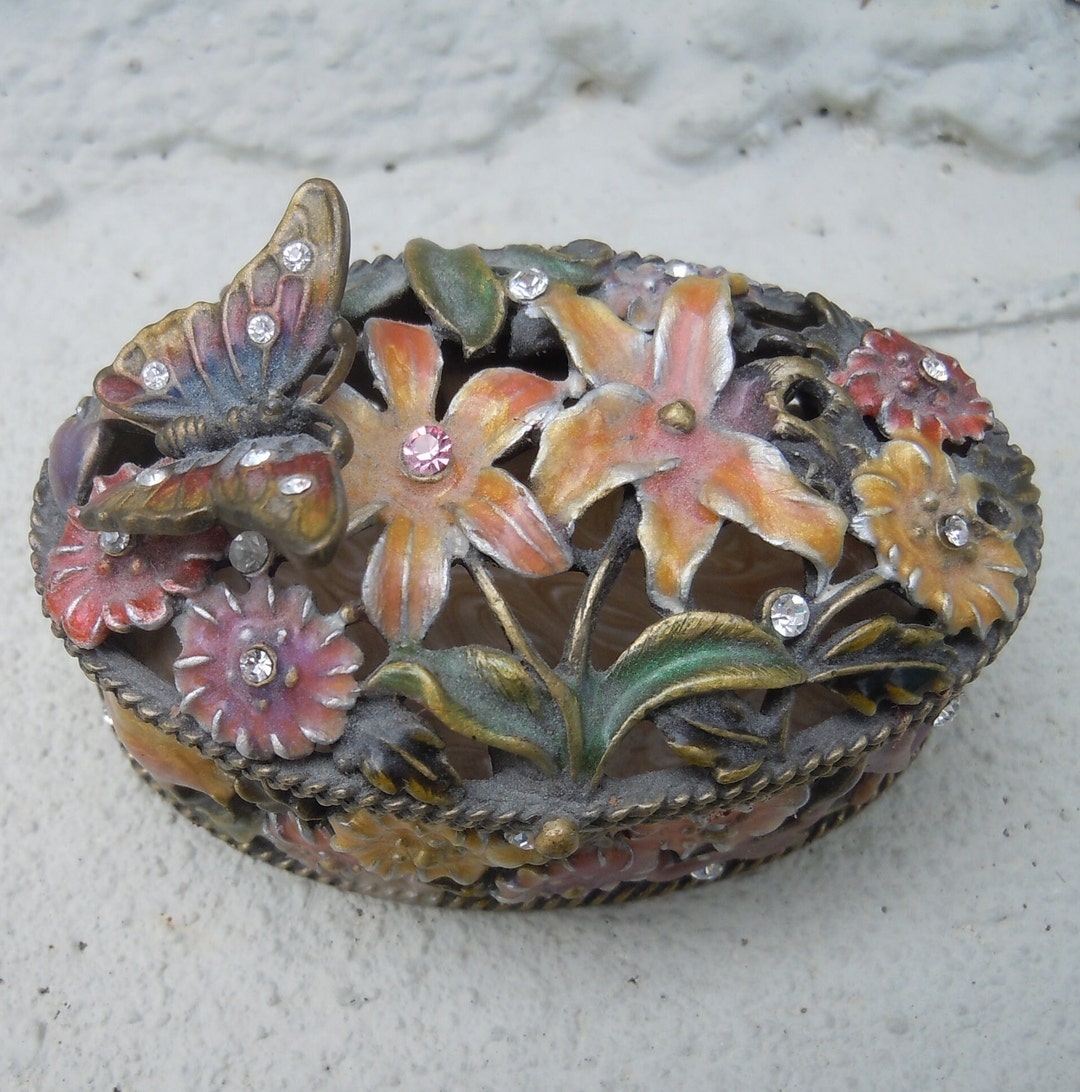 Bejeweled Flower Butterfly Trinket Box Hinged Trinket Box Ring Box ...