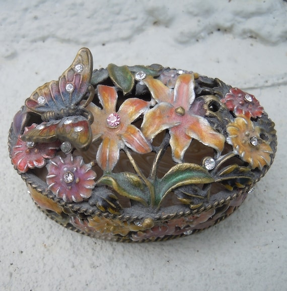 Bejeweled Flower Butterfly Trinket Box Hinged Trinket… - Gem