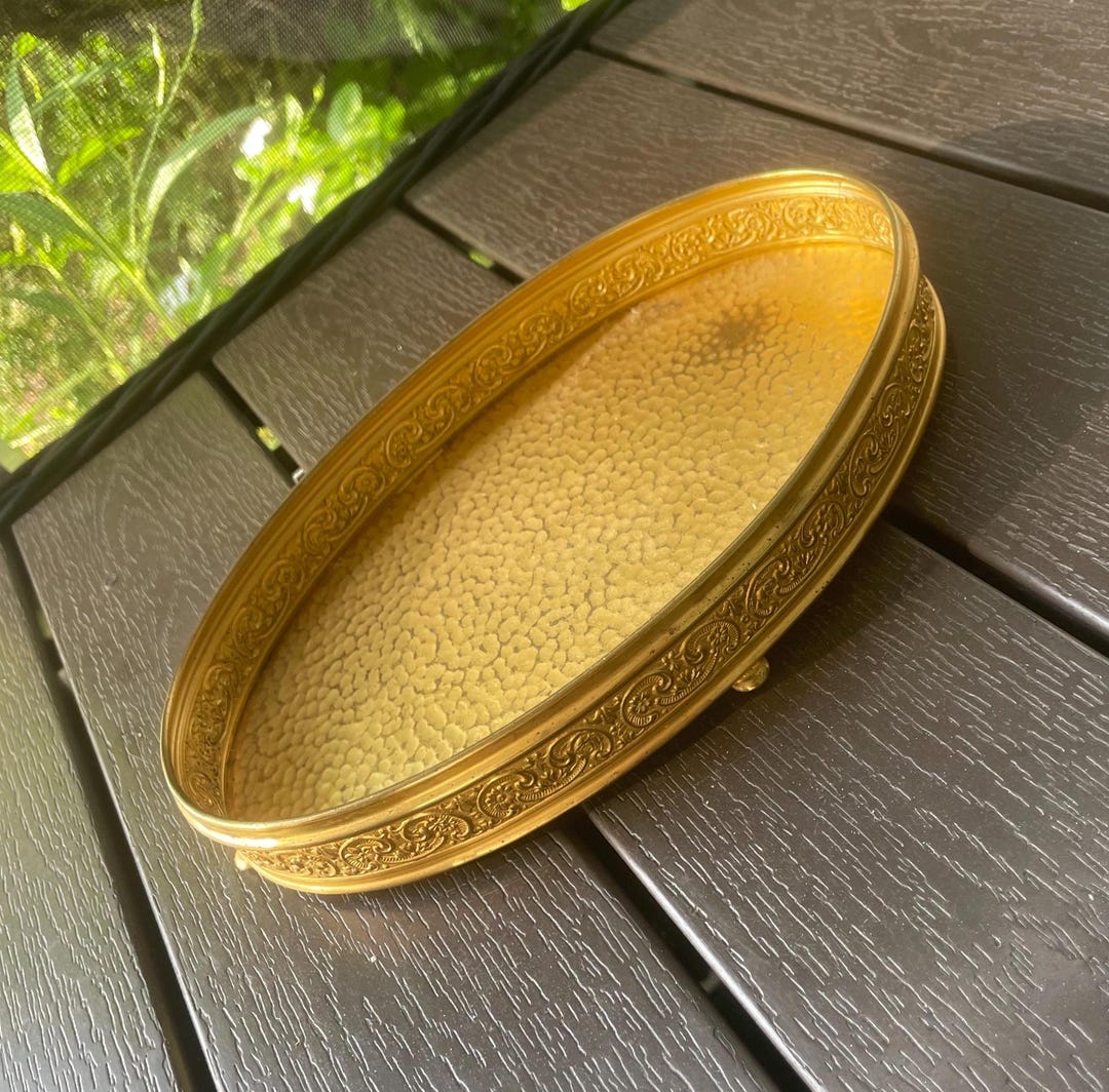 Oblong Brass Tray, Dresser Tray, Etched, Unique Shape, Embossed Tray ...