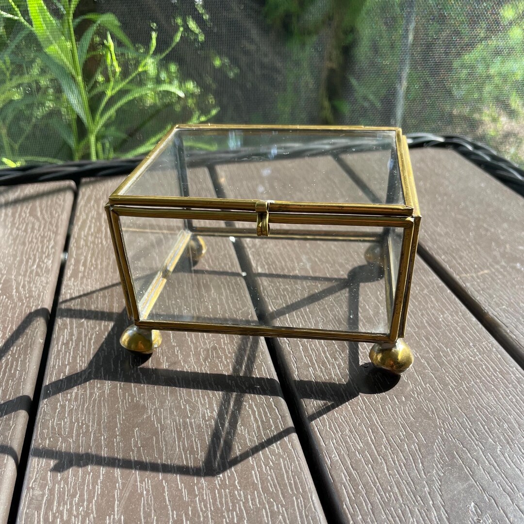 Footed Brass Glass Box Oblong Shaped Box Vintage Glass Box Dresser ...