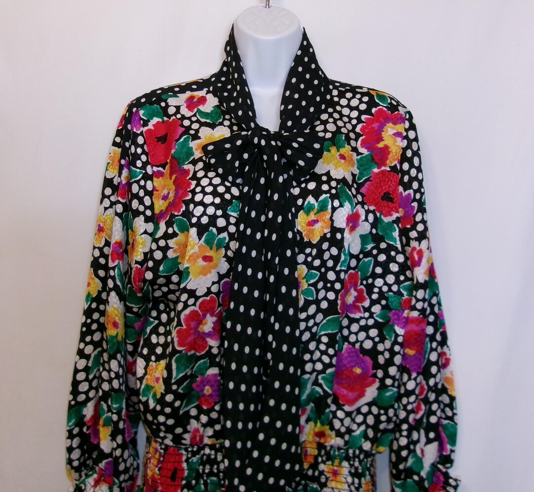 Vintage Susan Tudor Blouse Shirt Black White Polka Dots Floral Flowers ...