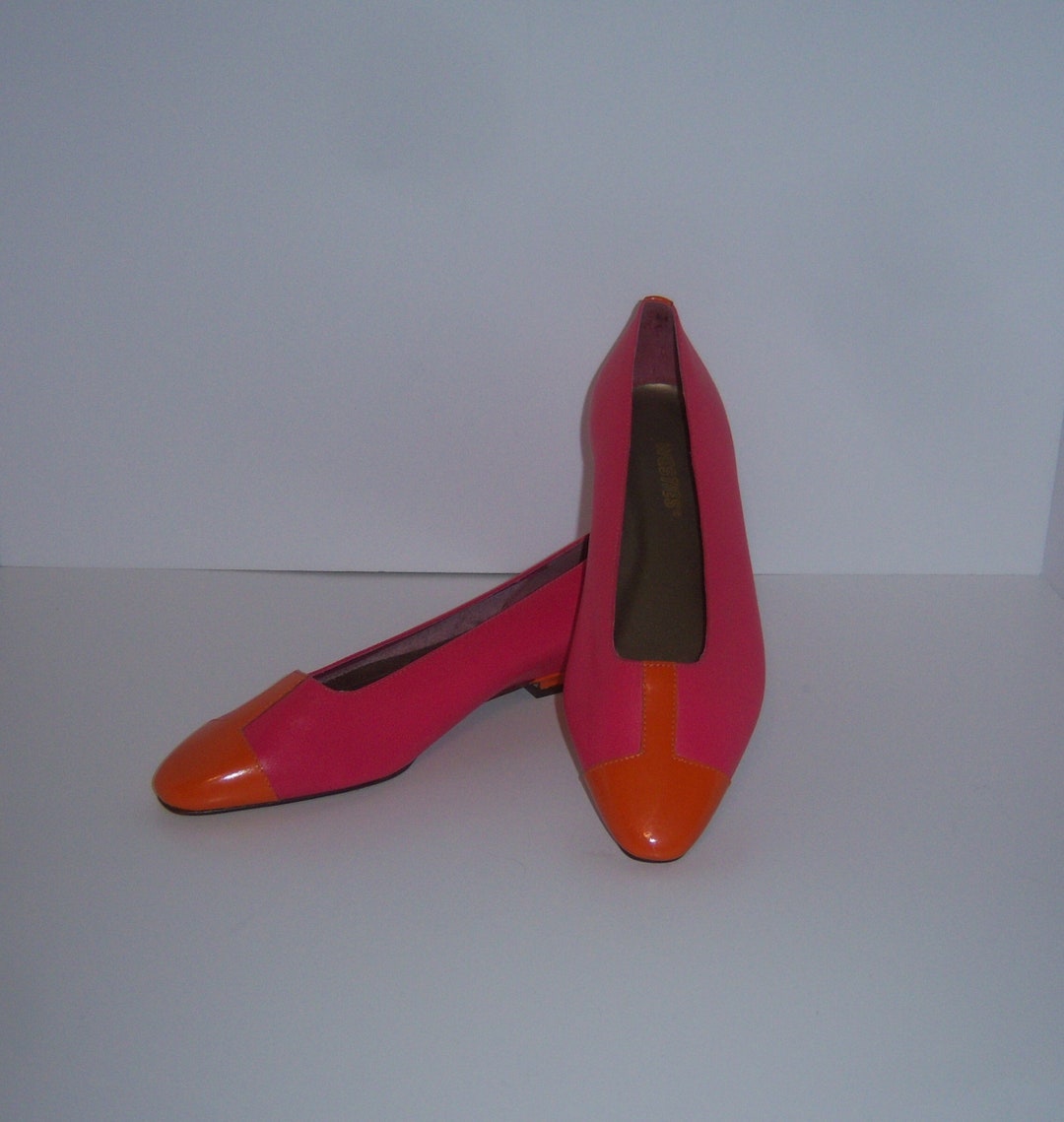 Vintage Westies Hot Pink Orange Color Block Leather Skimmers Ballet ...