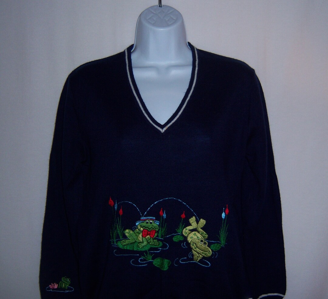 Vintage Anthony's Navy Blue Green Red Embroidered Frog Toad Sweater ...
