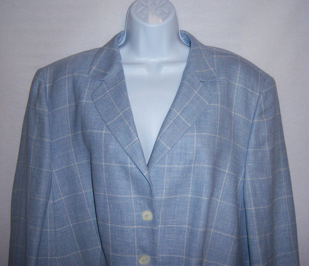 Vintage Basler Blazer Blue White Checked Plaid Tattersall Jacket Coat ...