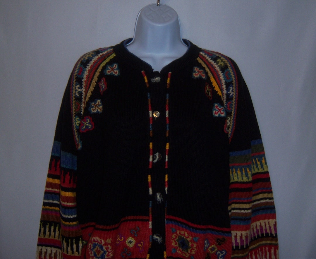 Vintage Christine Foley Black Blue Yellow Green Abstract Motif Cardigan ...