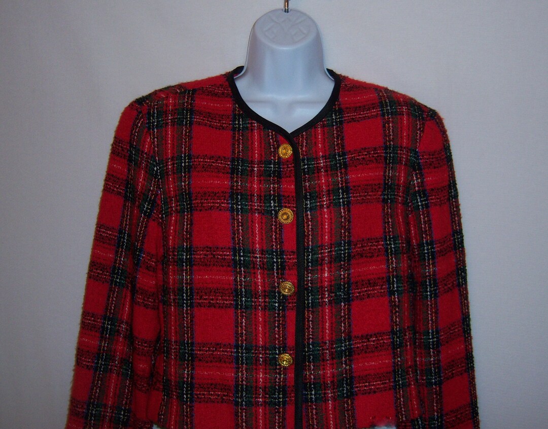 Vintage Appleseed's Red Black Stewart Plaid Tartan Woven Nubby Boucle' Suit Jacket Blazer Petite ...