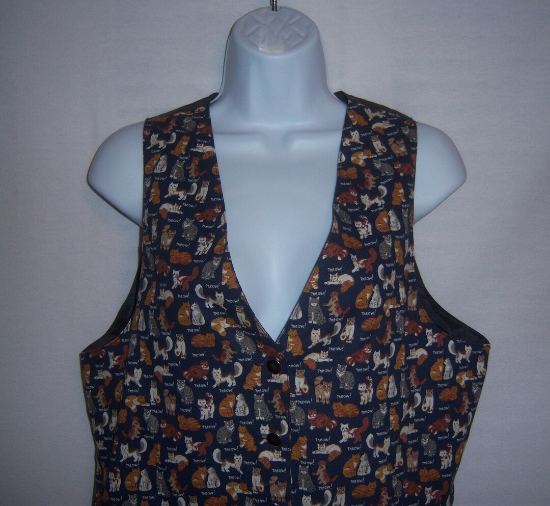 Vintage Nadia Navy Blue Cat Cats Kitty Print Cotton Vest Medium M Waist ...