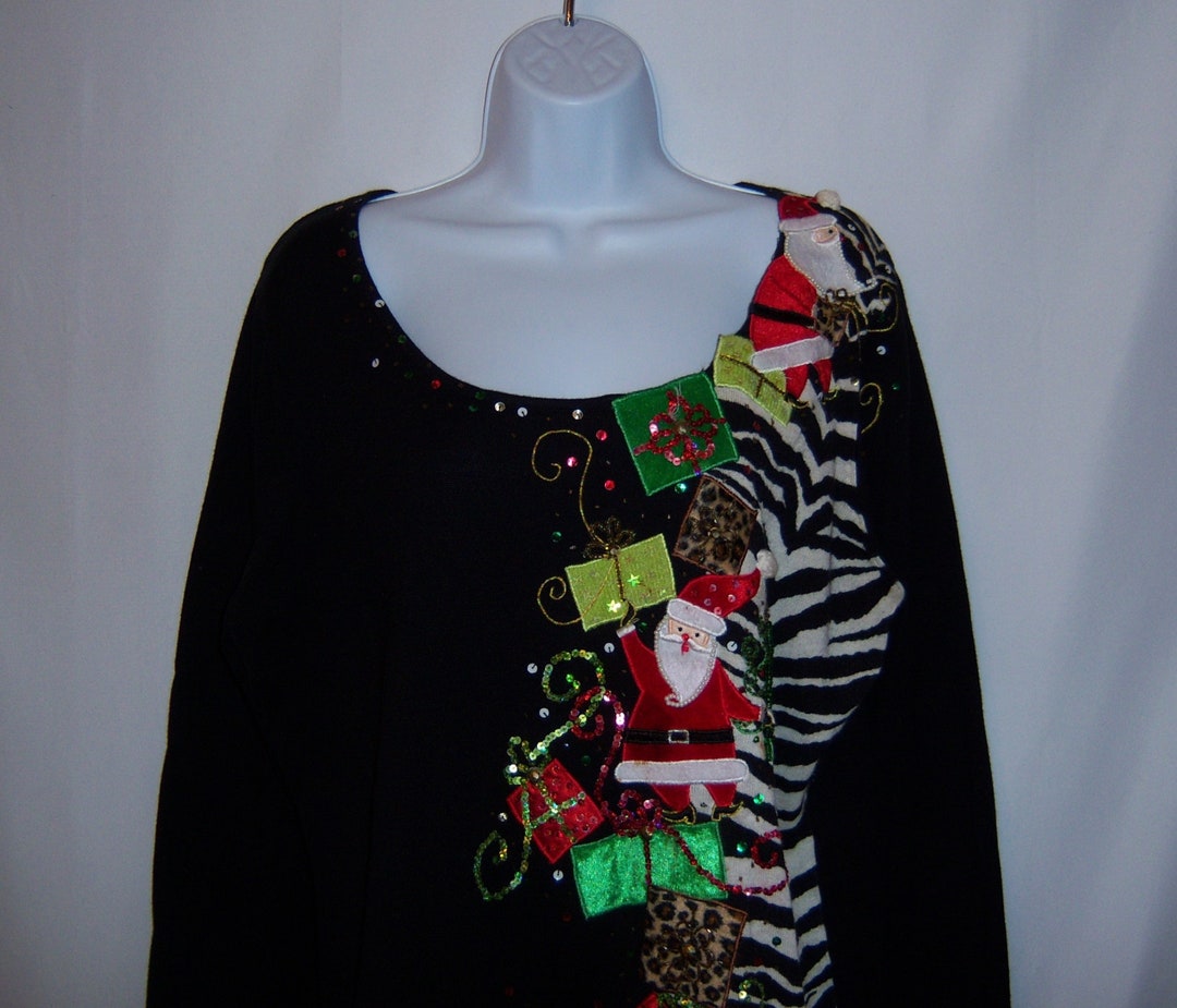 Vintage Berek Black Silver Red White Beaded Santa Claus Sweater Jumper ...