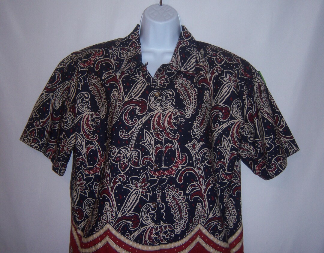 Vintage Bechamel Navy Blue Maroon Bandana Paisley Print Short Sleeve ...