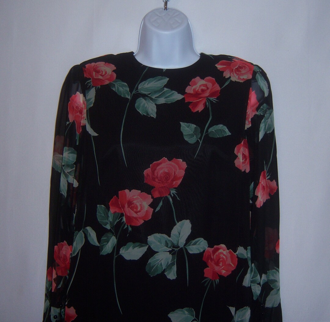 Vintage Ursula of Switzerland Black Red Roses Rose Floral Flower Print ...