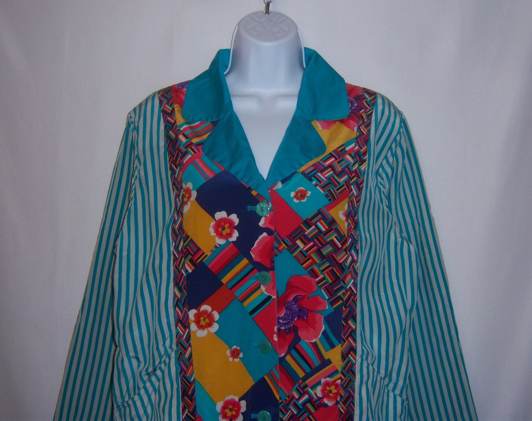 Vintage Koos of Course Silk Jacket Van Den Akker Turquoise White Floral ...