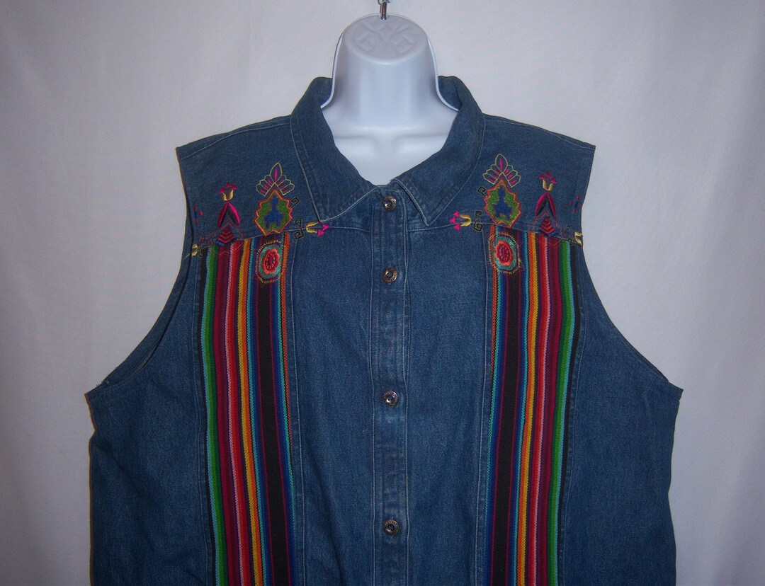 Vintage Liz & Me Denim Serape Stripe Southwestern Embroidered Jean Vest ...
