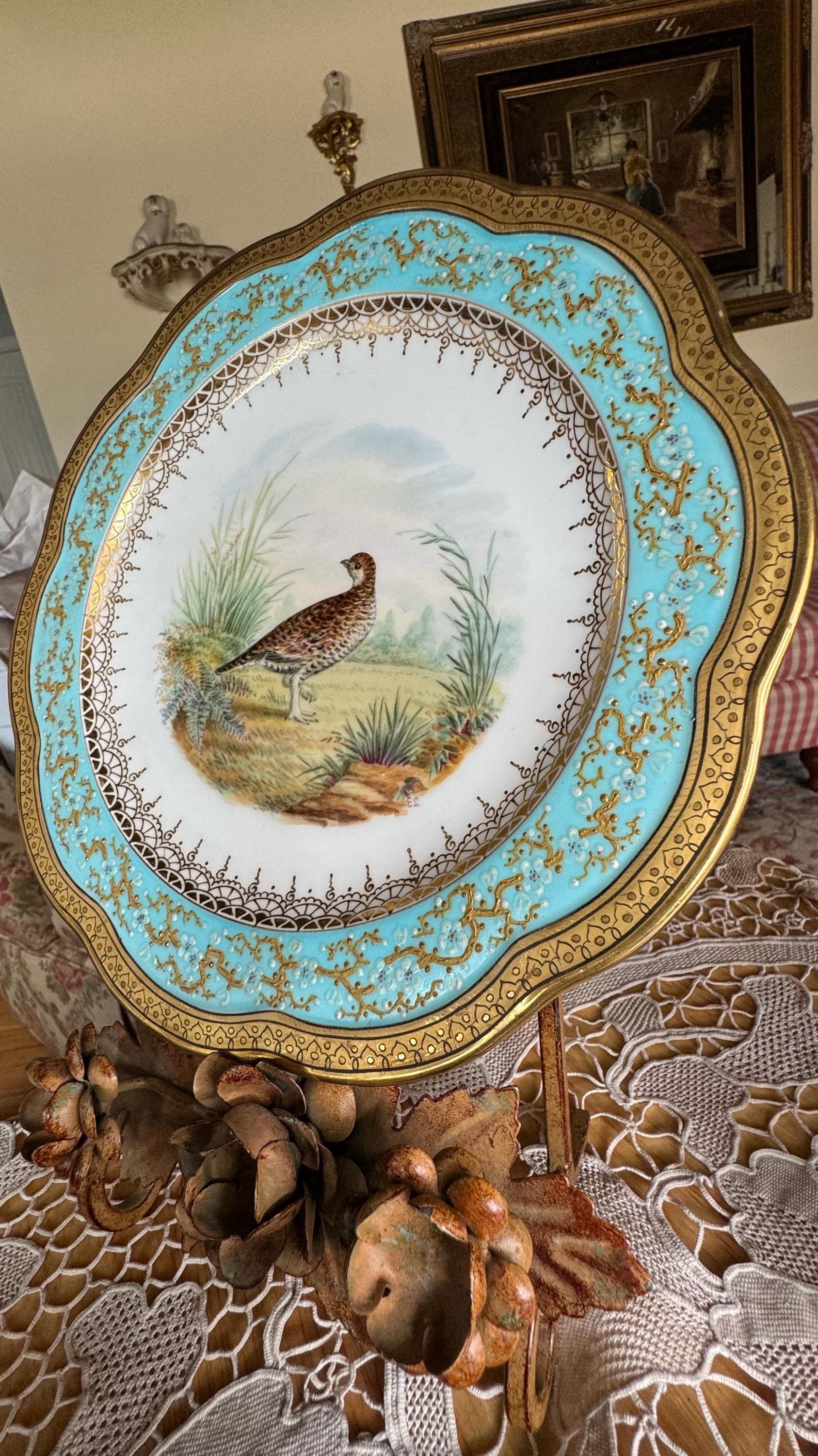 English Country Pheasant Bird French Enamel Pate Sur Pate Border Plate ...