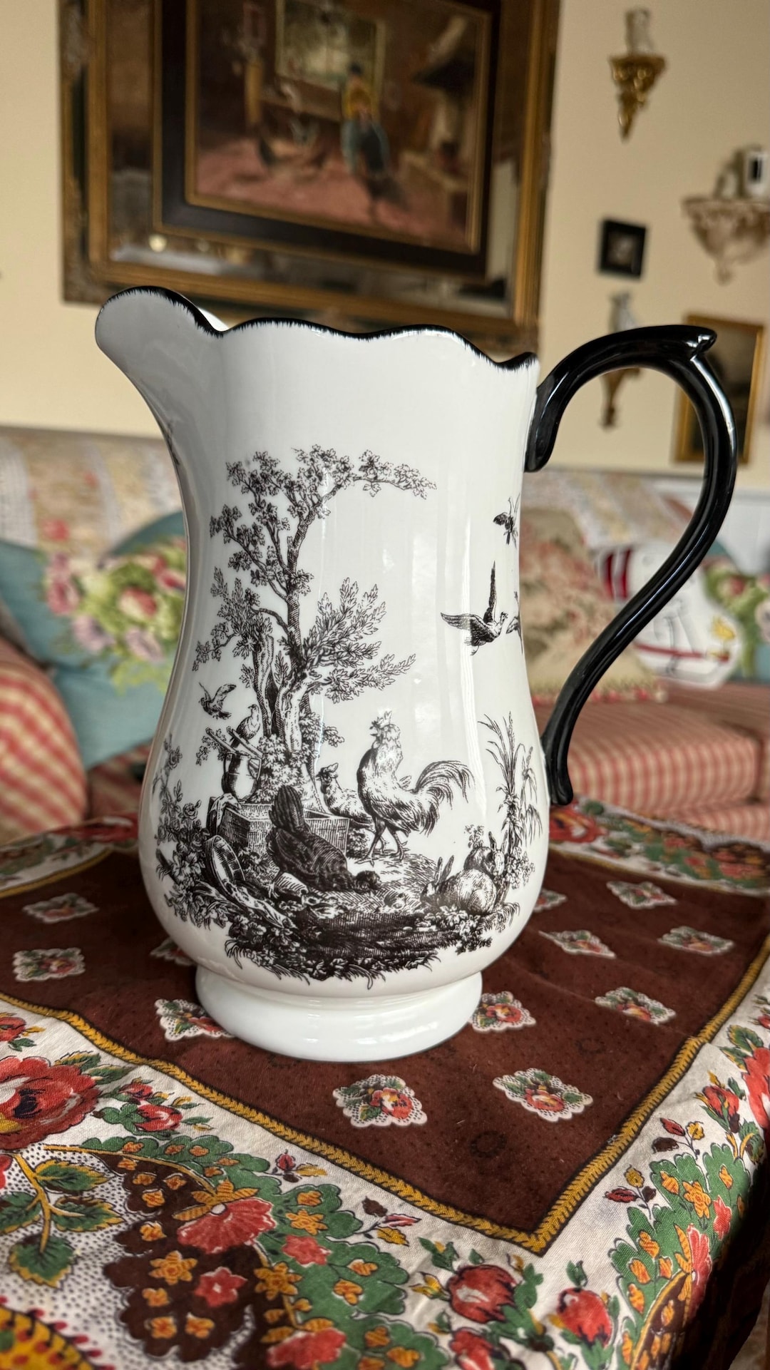 Aux Au Provence French Country Farmhouse Toile Rooster Serving Pitcher ...