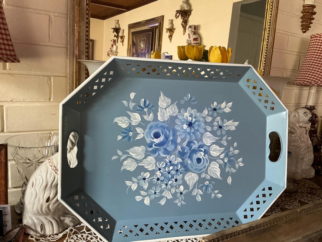 Farmhouse Country Shabby Chic Romantic Cottage Tole Blue Roses Tray by ...
