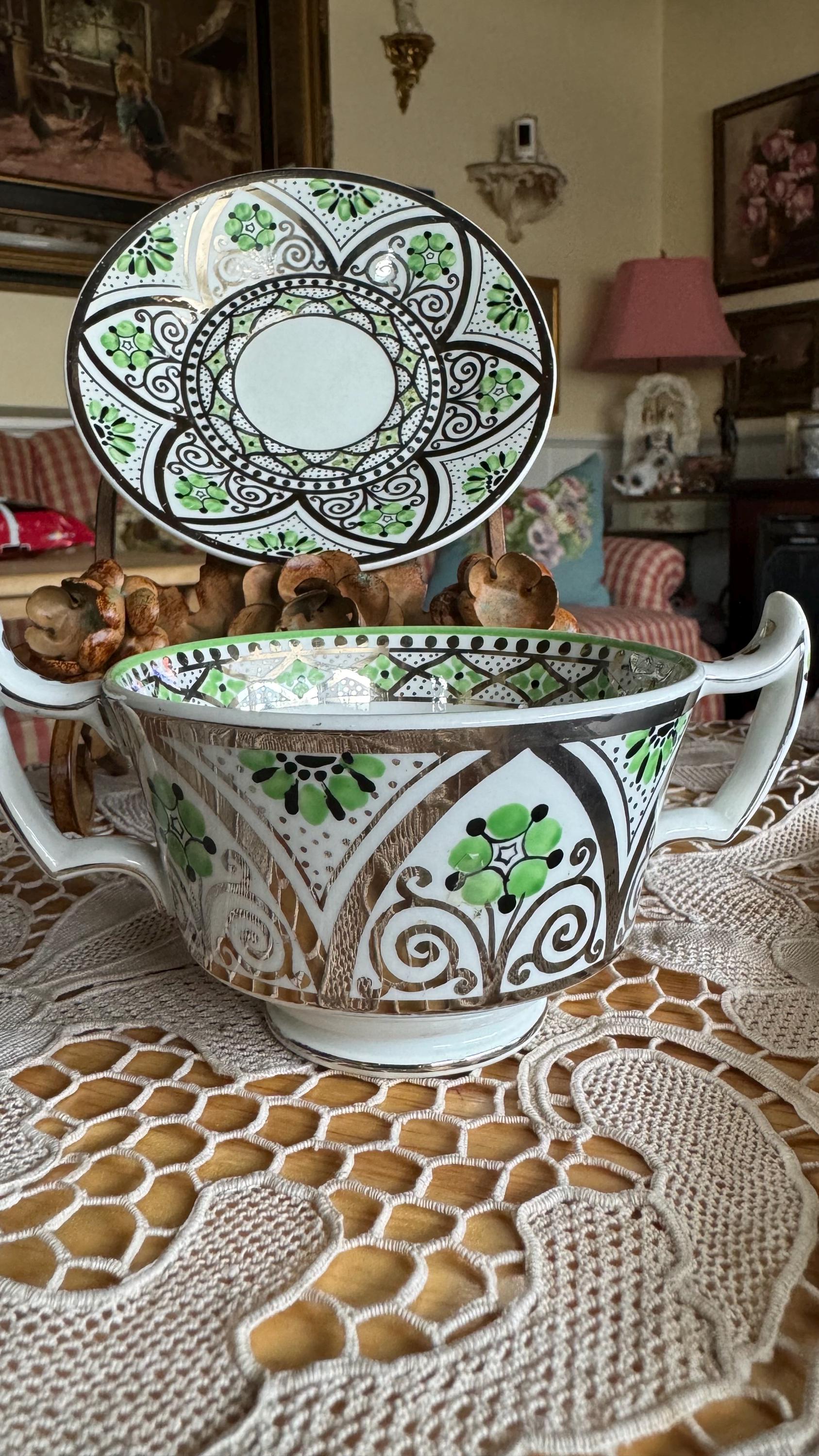 English Country Tea Cup and Saucer Green Flower Platinum Arch by ...