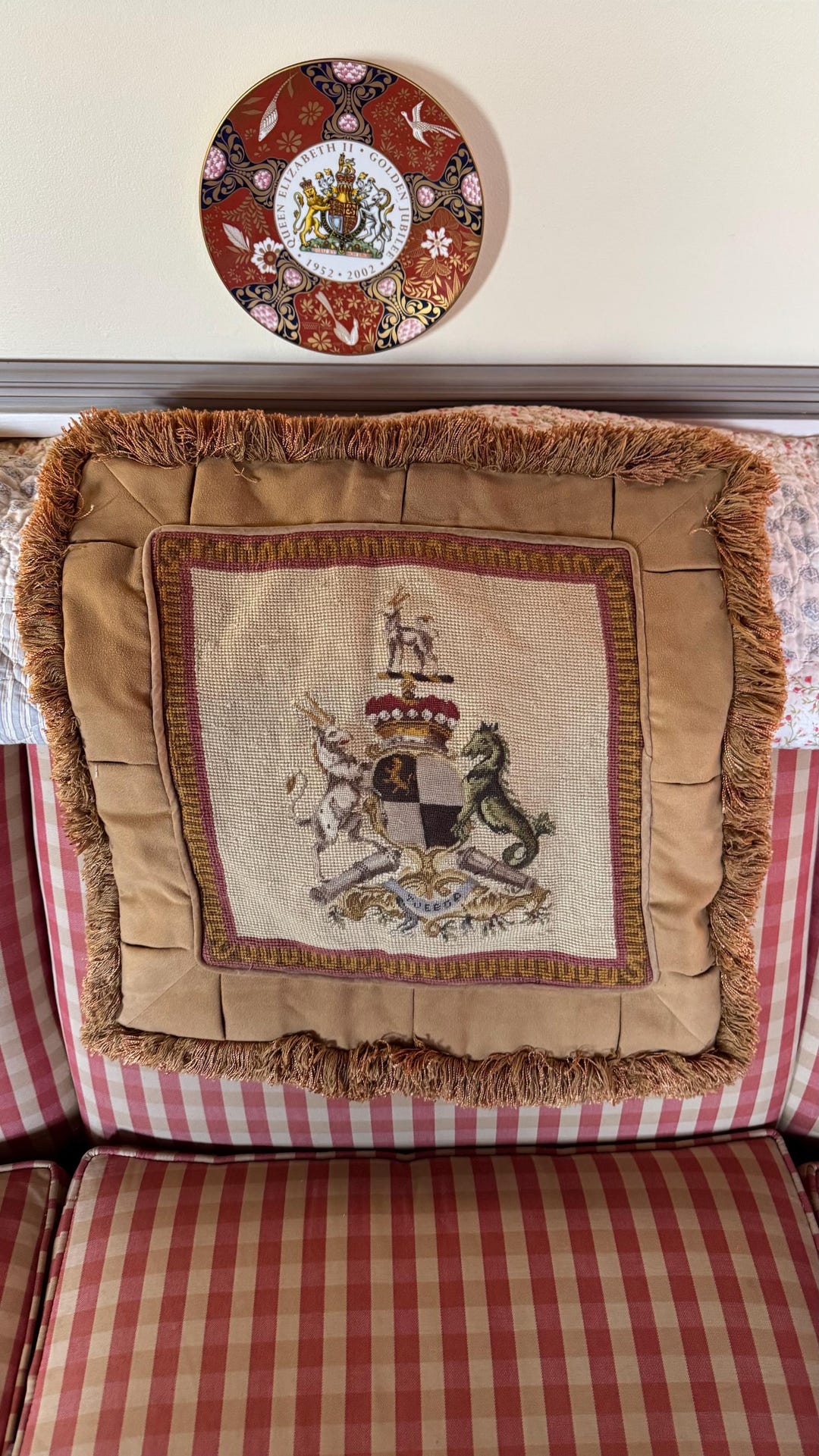 English Country Petit Point Pillow Cover of Shield and Words Tuebor ...