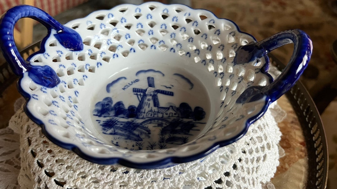 Delft Blue EH Reticulated Porcelain Two Handled Basket Bowl Hand ...