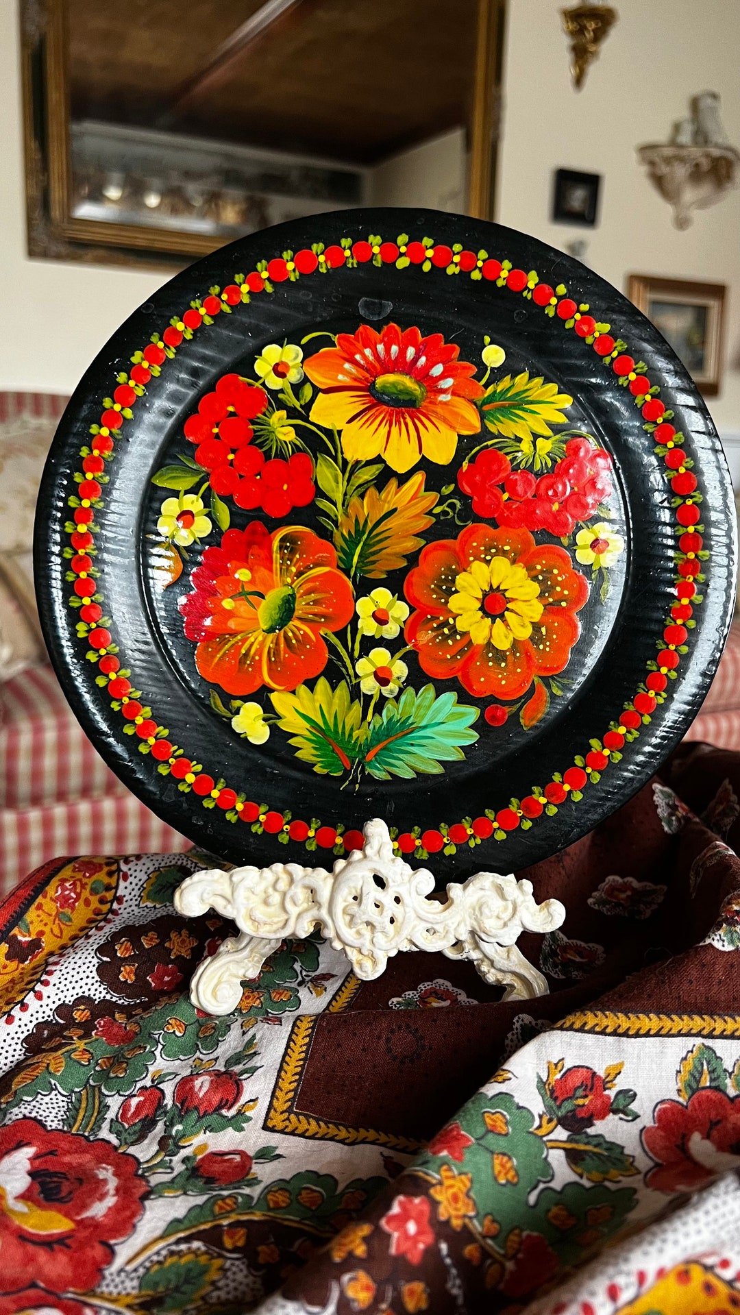 Handpainted European Lacquerware Wood Floral Plate - Etsy