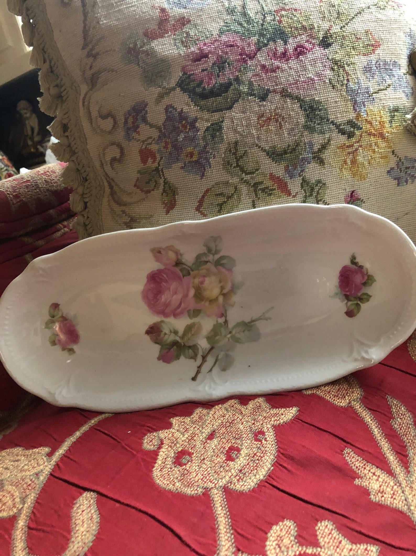 European German Handpainted Pink Floral Tray | Etsy