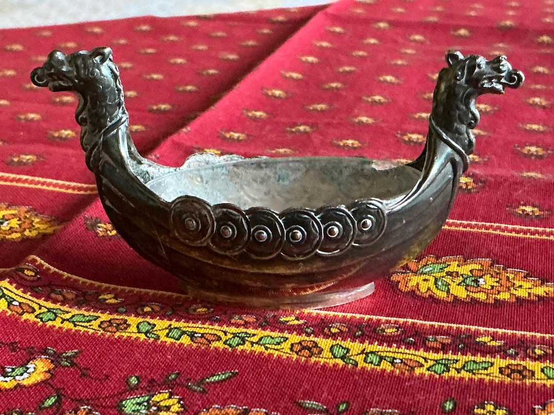 Antique Victorian Whimsical Lion Heads Viking Ship Sterling Silver Salt ...