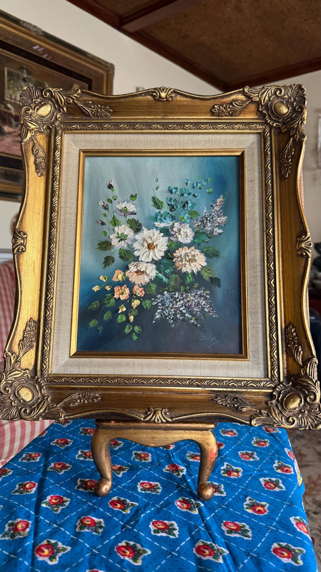 Country Provence Still Life Wood Frame Oil Painting Floral Bouquet Art ...
